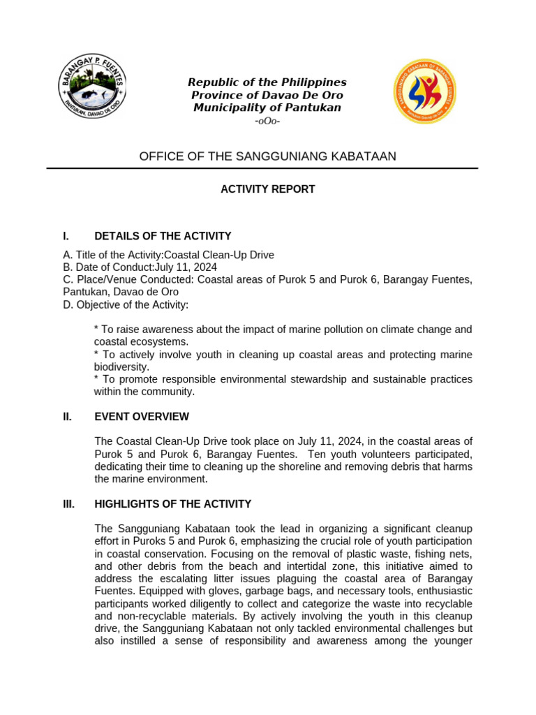 Coastal Clean-Up Drive Report 2024 | PDF | Coast | Waste