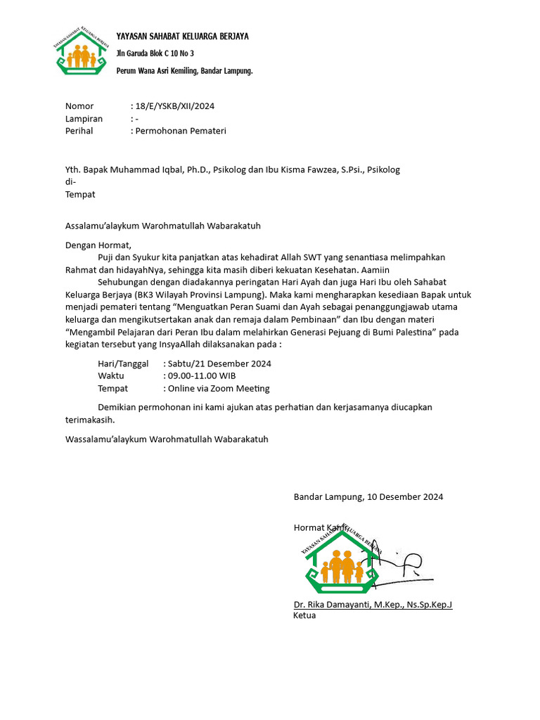 Permohonan Pemateri Pak Iqbal Dan Bu Kisma | PDF