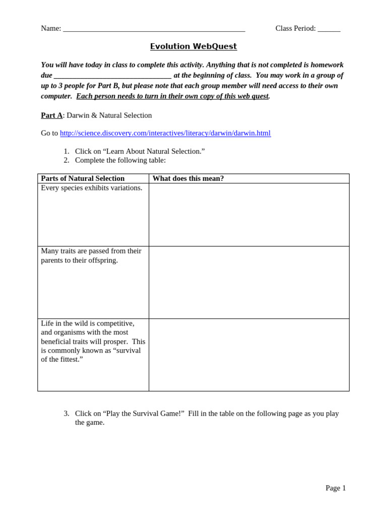 Evolution Web Quest | PDF | Natural Selection | Biological Concepts
