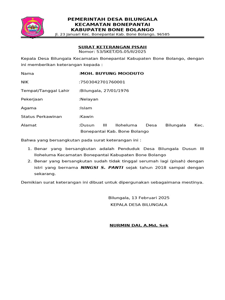 Surat Keterangan Pisah | PDF