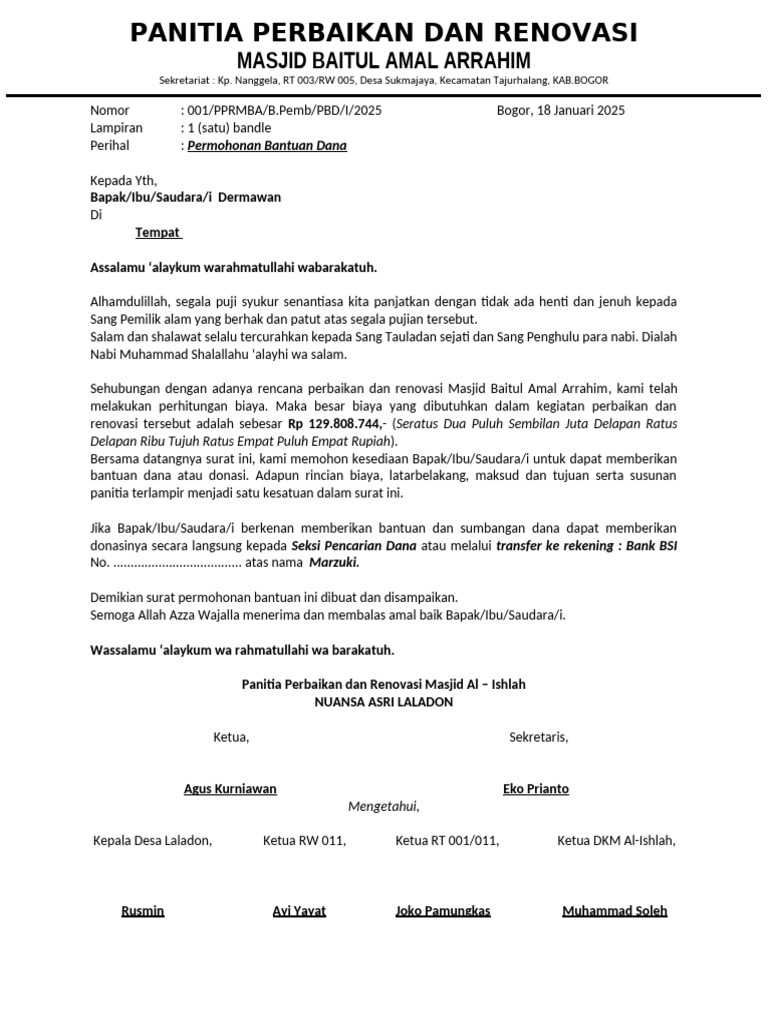Permohonan Dana Renovasi Masjid Arrahim | PDF