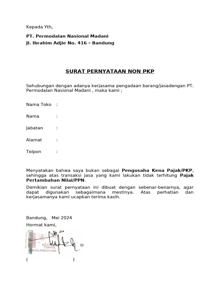 Contoh Surat Pernyataan Non PKP Toko[1] | PDF
