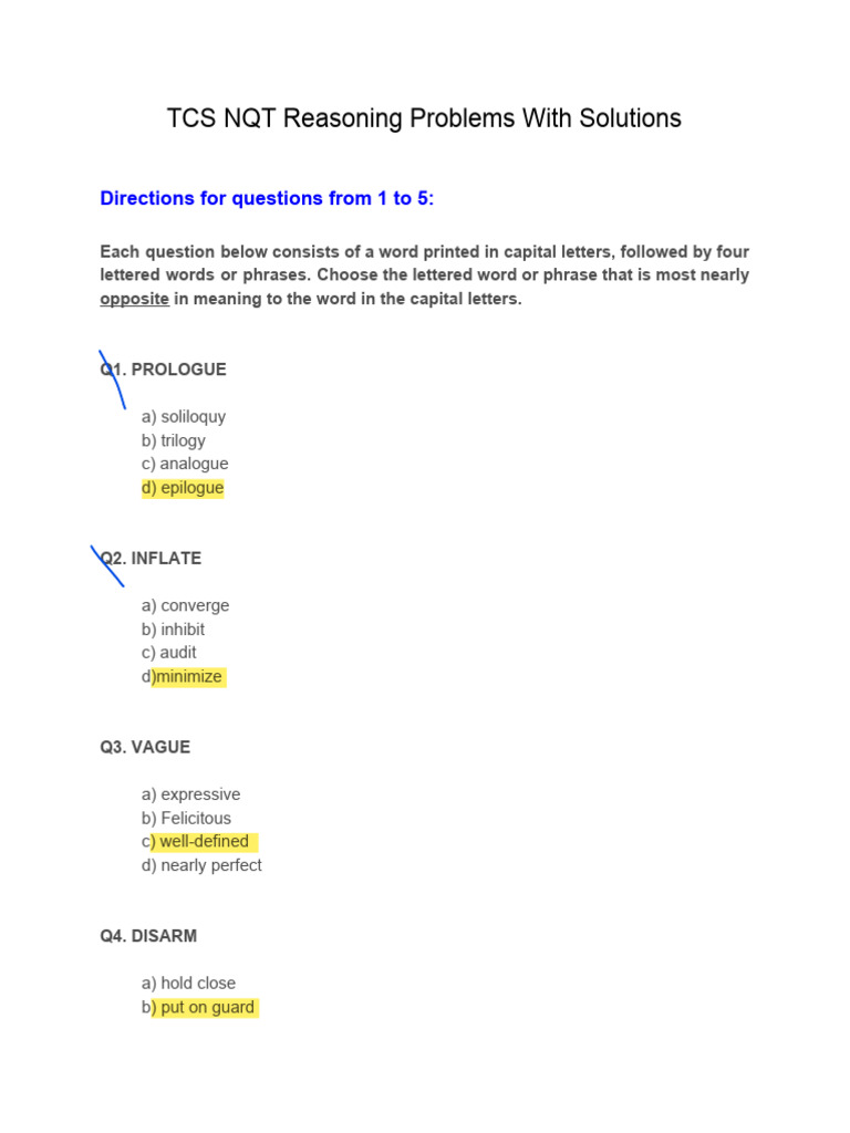 TCS NQT Reasoning Problems With Solutions | PDF