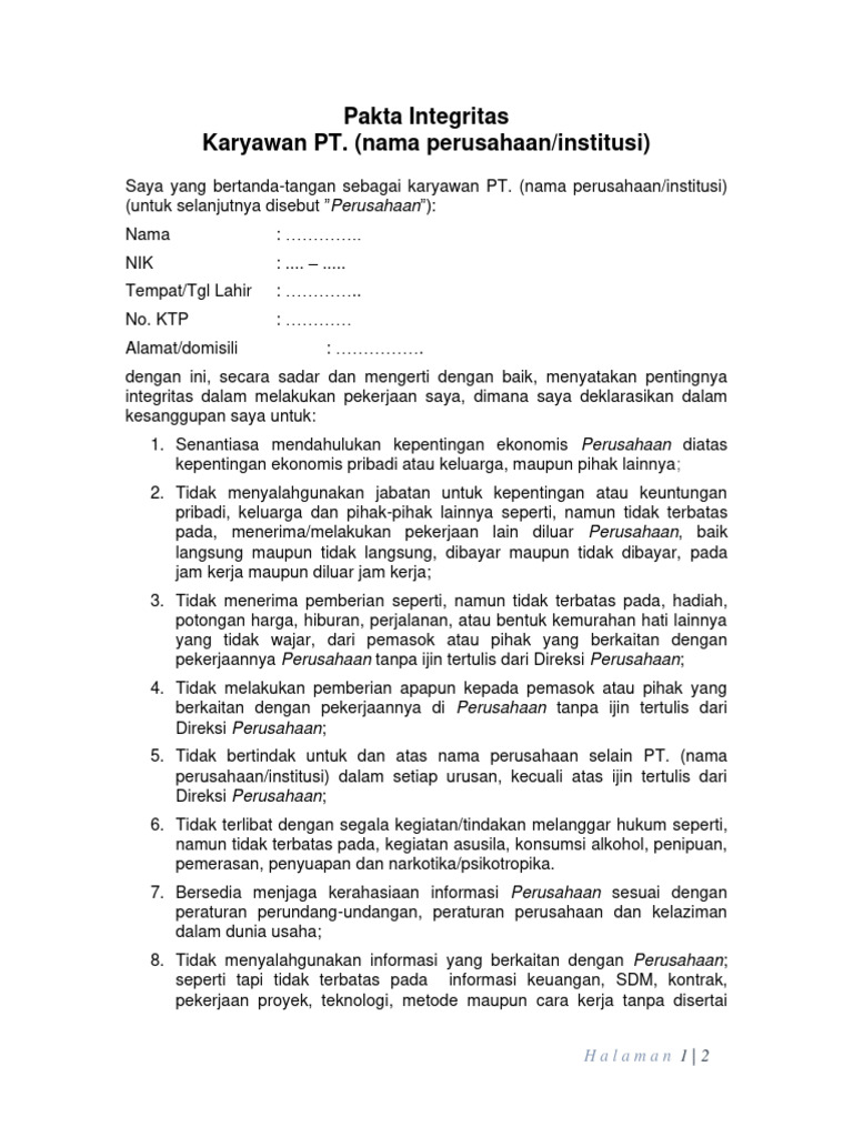 Contoh Pakta Integritas Karyawan | PDF