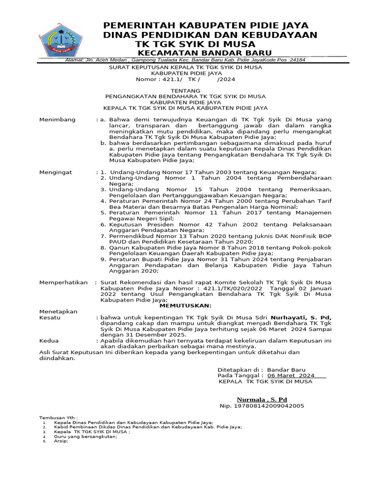 SK Pengurus Barang TK TGK Syik Di Musa | PDF