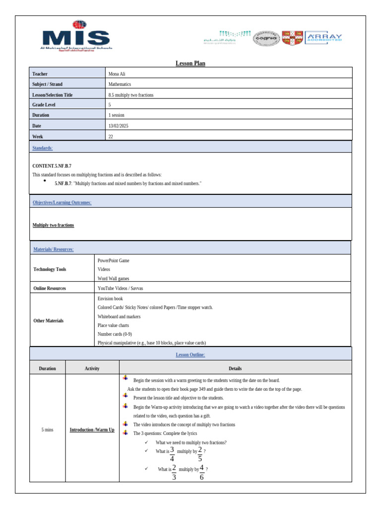 Lesson Plan G5 L8.5 session 1 | PDF | Educational Assessment | Learning