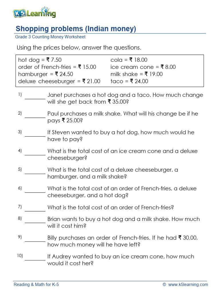 Grade 3 Money Counting Worksheet | PDF | Economy Of India ...