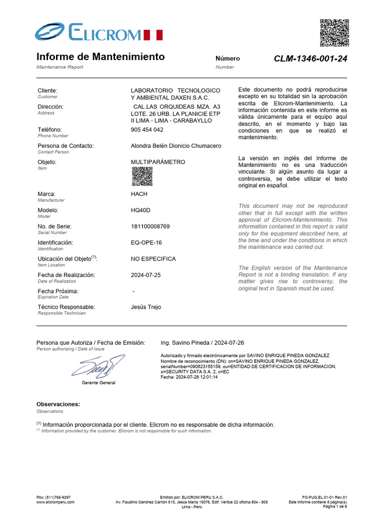 Mantenimiento Multiparámetro HACH HQ40D | PDF | Sensor | Instituto Nacional de Estándares y ...