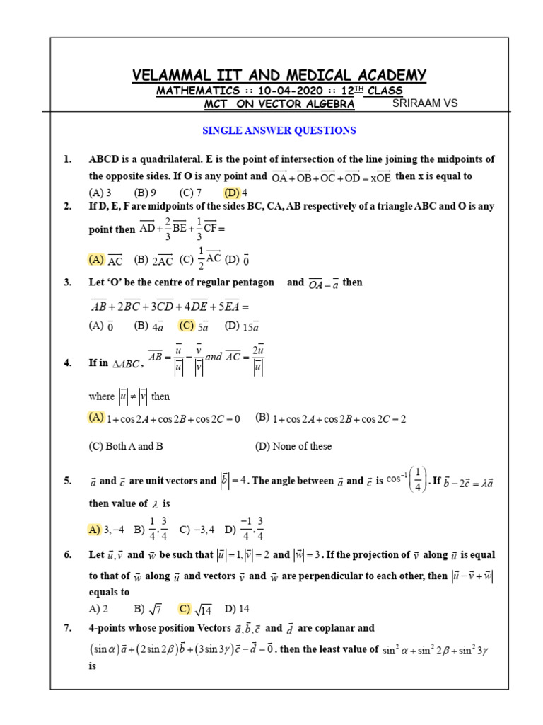 MCT On Vectors DPP 10-04-20 | PDF | Angle | Euclidean Vector