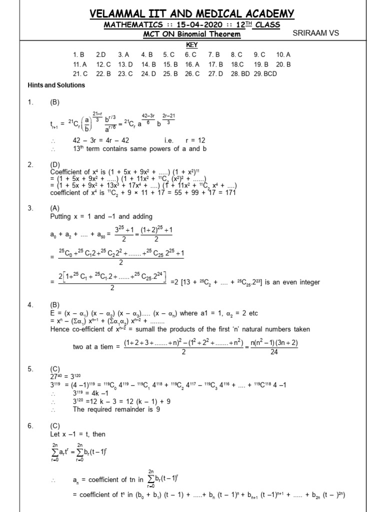 MCT On Binomial Theorem DPP Solutions 15-04-20 | PDF | Mathematics | Algebra