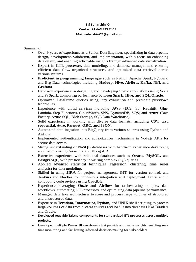 Suharshini _Data_Engineer_python | PDF | Apache Spark | Databases