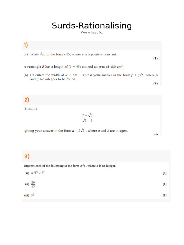 Surds Simplification Practice | PDF