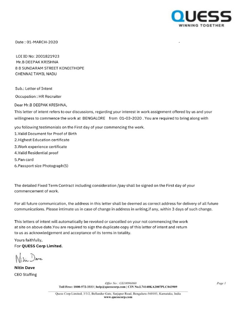 Quess Offer Letter | PDF