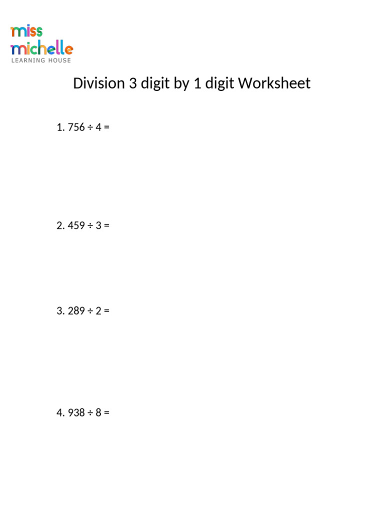 Division 3 Digit by 1 Digit Worksheet | PDF