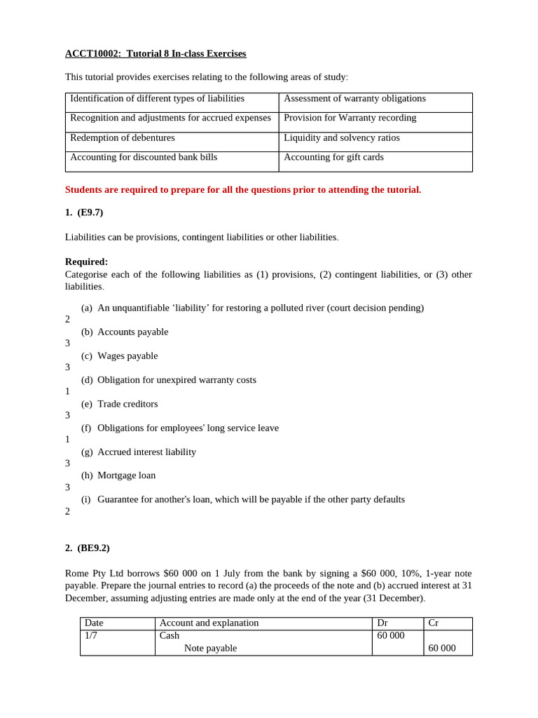 ACCT10002 Tutorial 8 Liability Exercises | PDF | Gift Card | Discounting
