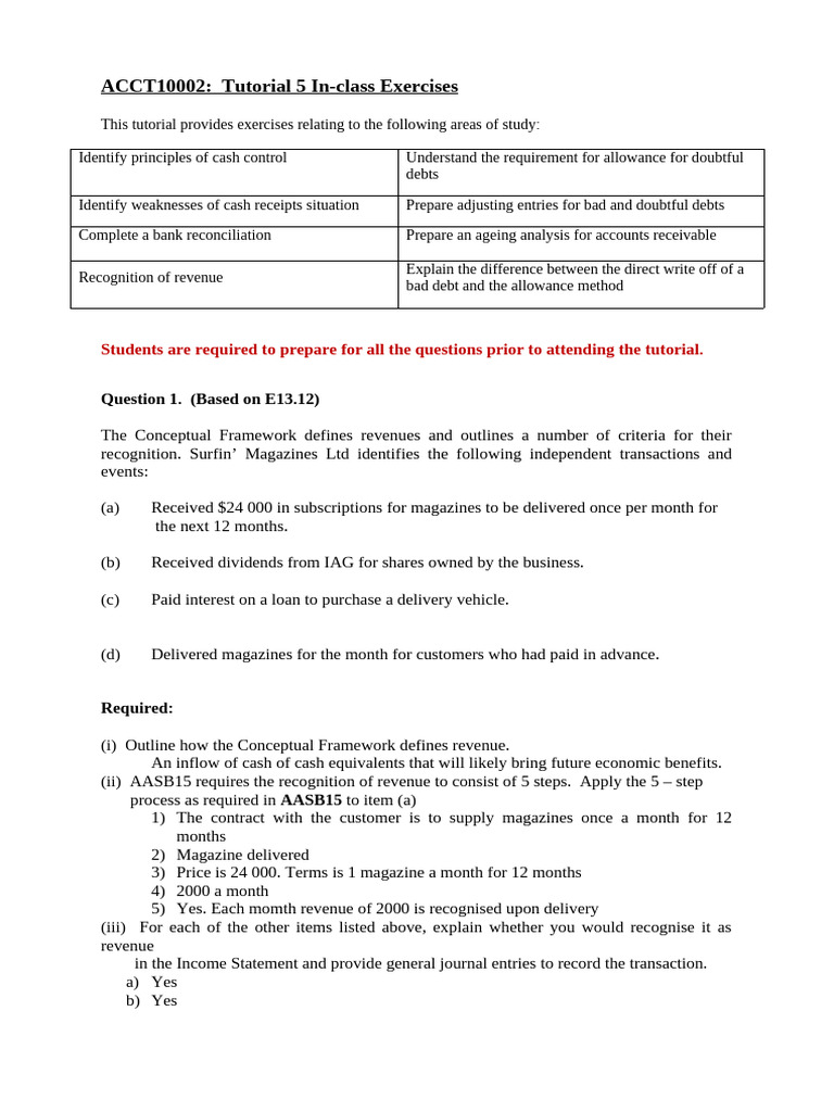 ACCT10002 Tutorial 5 In-Class Exercises | PDF | Bad Debt | Money