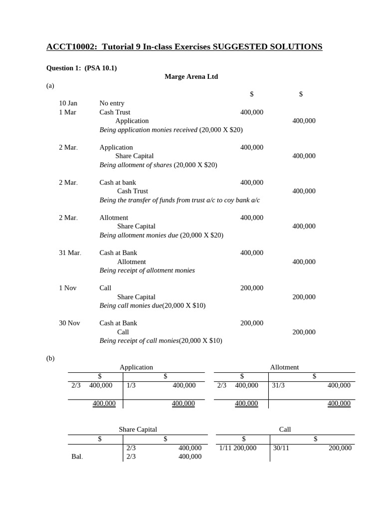 ACCT10002 Tutorial 9 In-Class Exercises - Solutions | PDF | Dividend | Debits And Credits