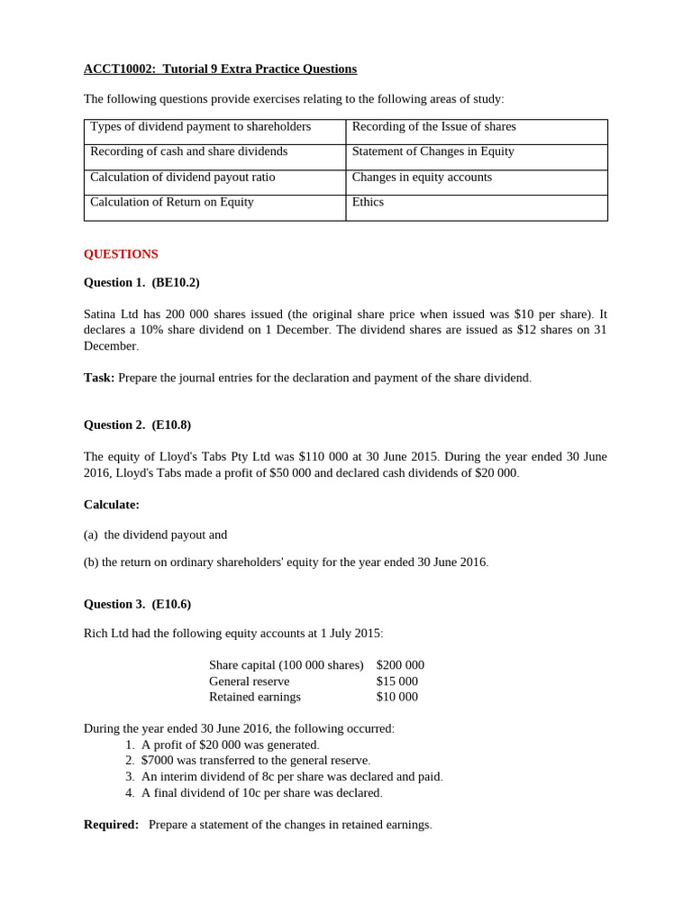 ACCT10002 Tutorial 9 Extra Practice Questions and Solutions | PDF | Dividend | Retained Earnings
