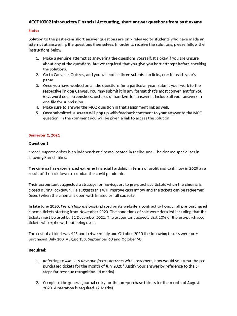 Past Exam Questions for ACCT10002 | PDF | Balance Sheet | Depreciation