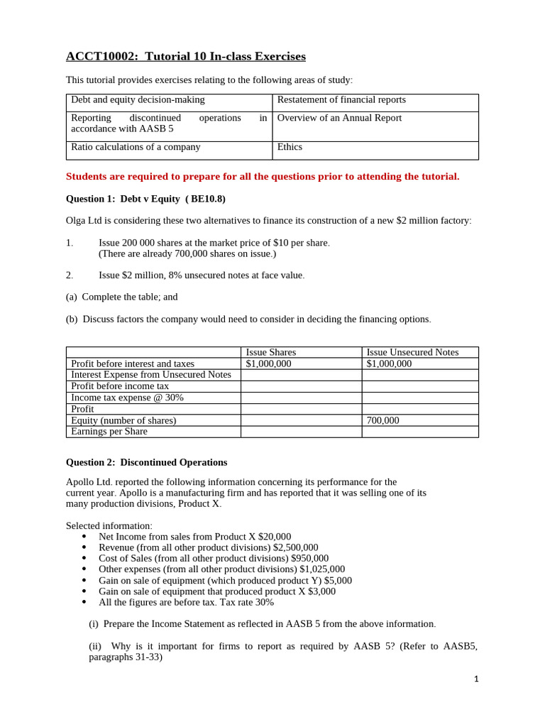 ACCT10002 Tutorial 11 In-Class Exercises | PDF | Revenue | Equity (Finance)
