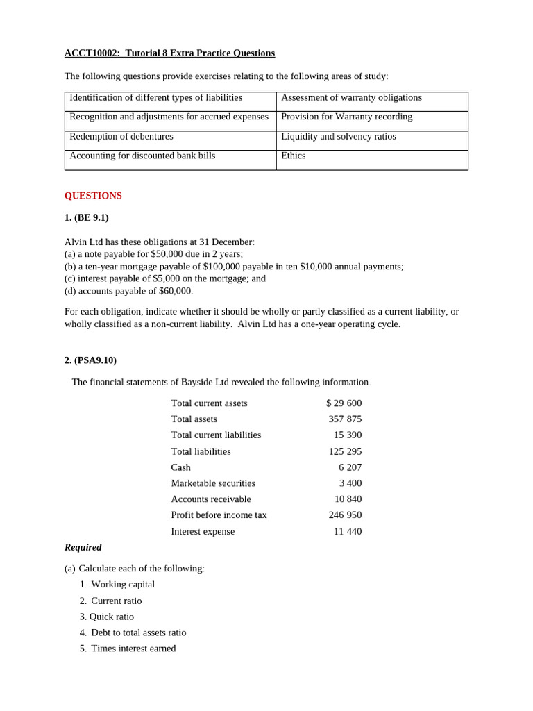 ACCT10002 Tutorial 8 Extra Practice Questions and Solutions New | PDF | Working Capital | Investing