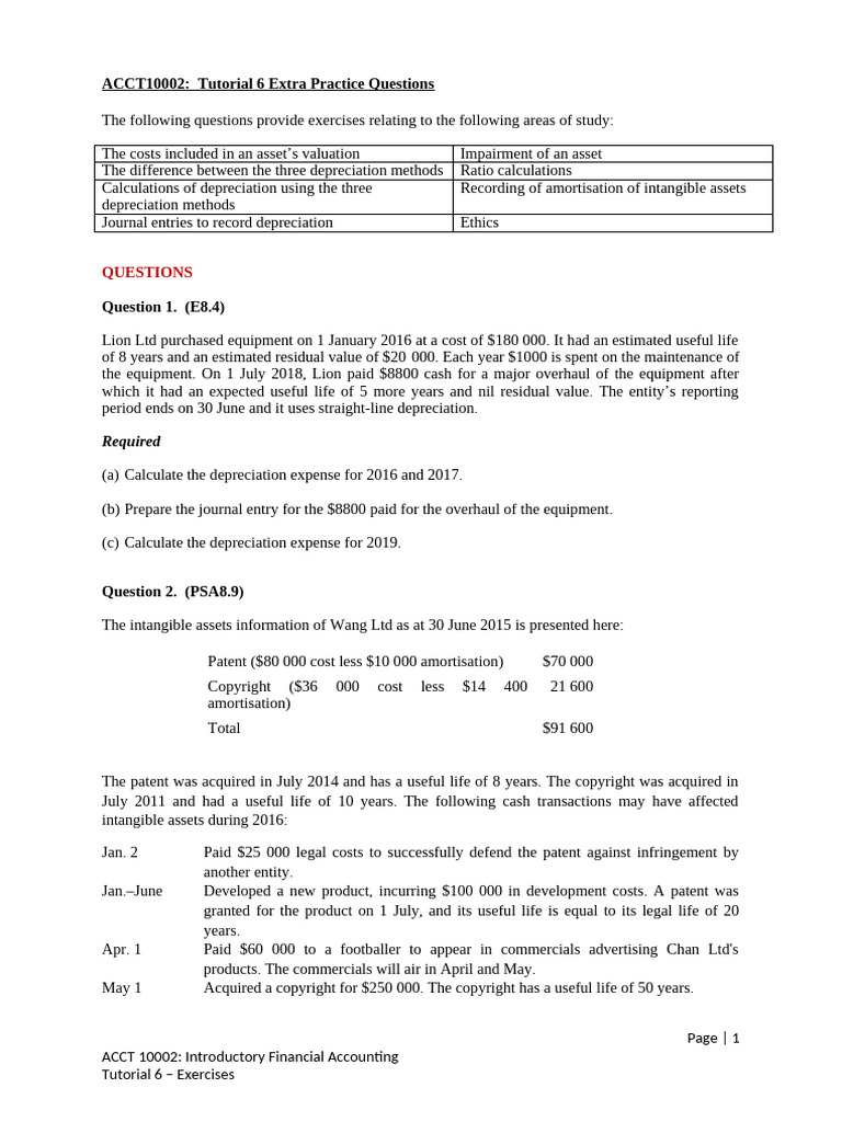 ACCT10002 Tutorial 7 Extra Practice Questions and Solutions New | PDF | Depreciation | Book Value