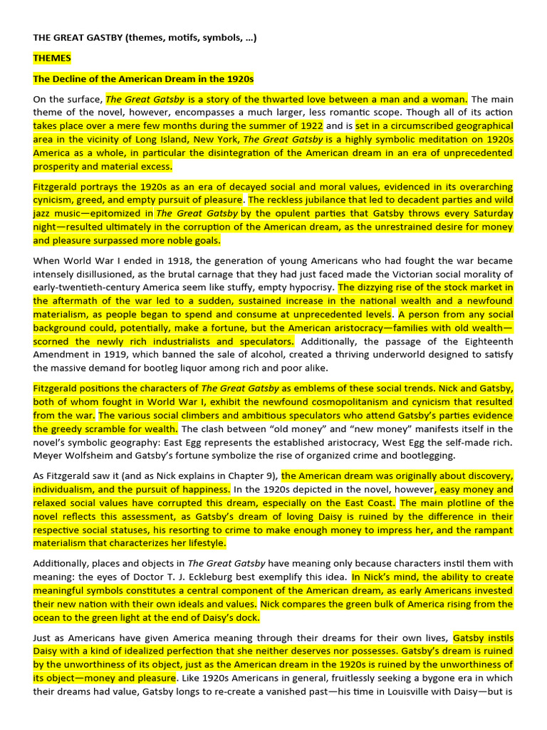 The Great Gatsby Themes Motifs Symbols | PDF | The Great Gatsby