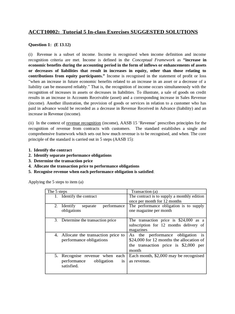 ACCT10002 Tutorial 5 In-Class Exercises - Solutions | PDF | Income | Revenue