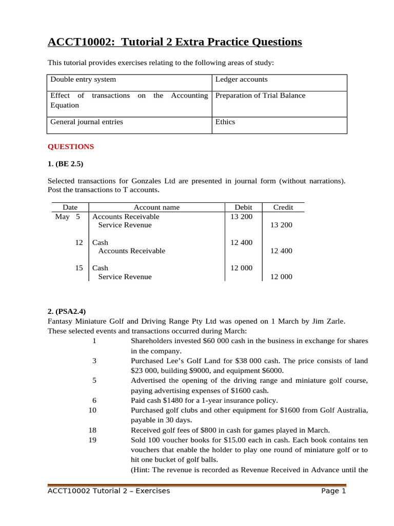 ACCT10002 Tutorial 2 Extra Practice Questions and Solutions | PDF | Debits And Credits ...