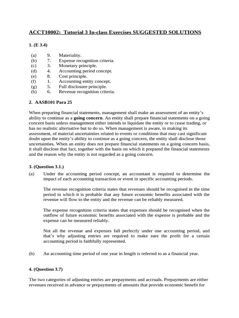 ACCT10002 Tutorial 3 In-Class Exercises - Solutions | PDF | Going Concern | Expense