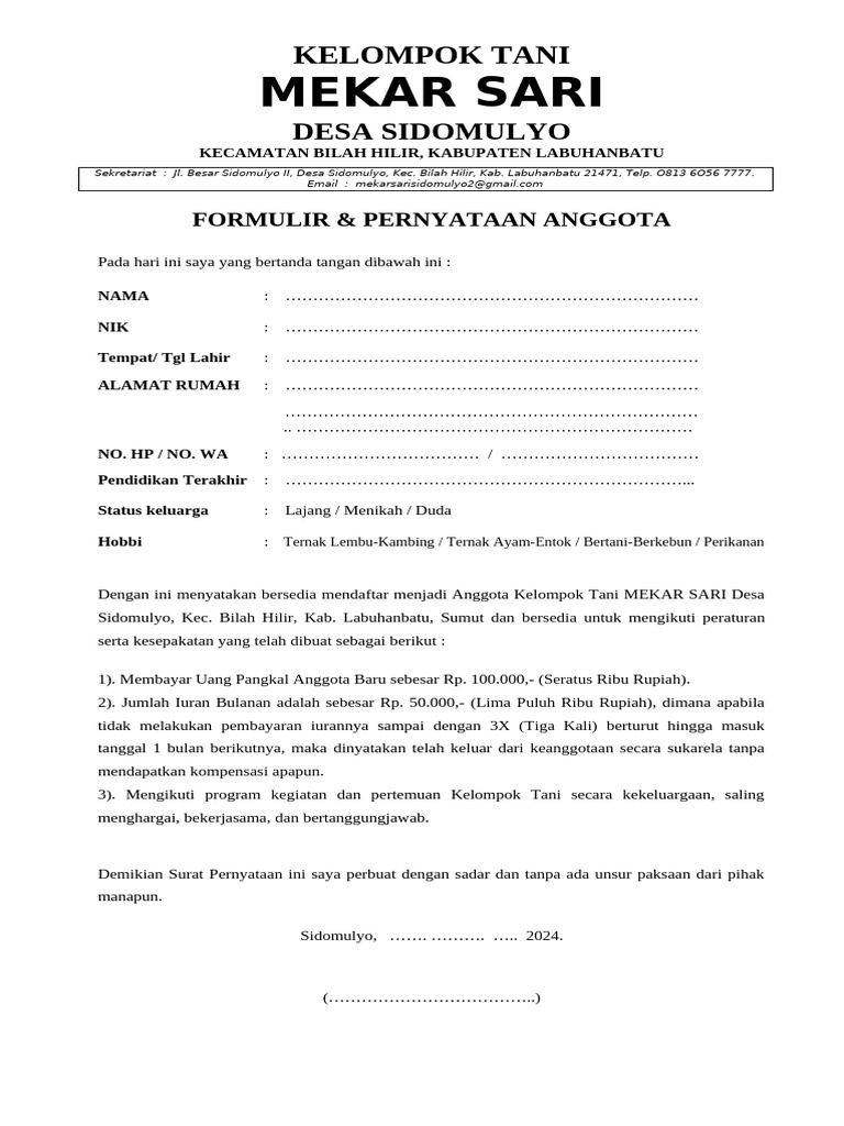 Formulir Anggota Mekar Sari Sidomulyo | PDF