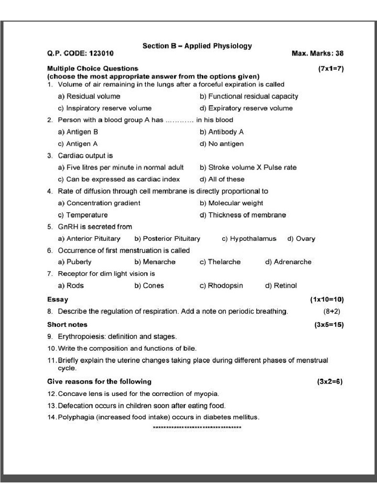 Physiology Kuhs Previous Years Question Papers 2011 To 2022 | PDF