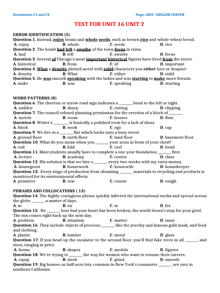 TEST C2 UNIT 16 ĐỀ SỐ 2 | PDF