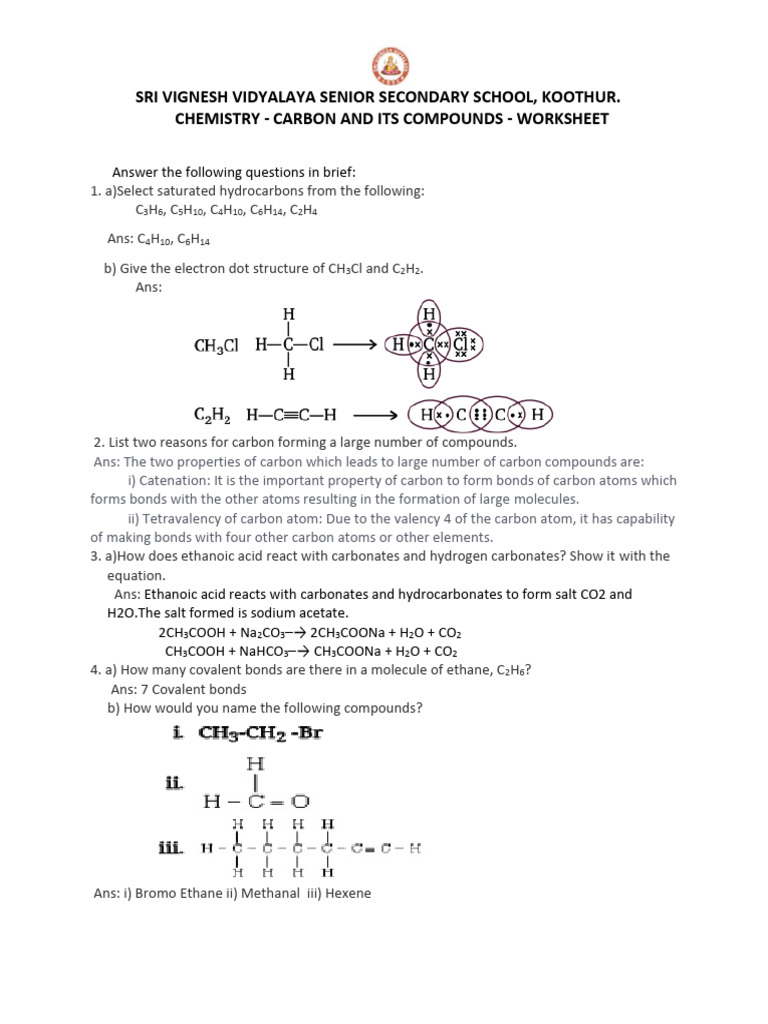 Carbon Compounds Worksheet for Class 10 | PDF | Chemical Bond ...