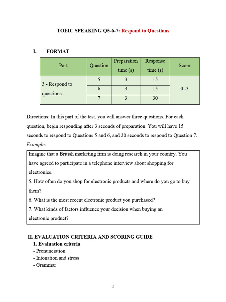TOEIC Speaking Q5-7 Response Guide | PDF