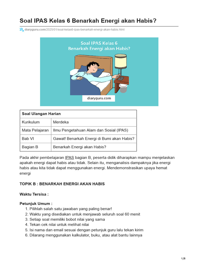 Soal IPAS Kelas 6: Energi dan Penggunaannya | PDF