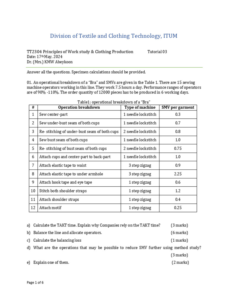 2024 Tutorial 3 Line Balancing | PDF | Seam (Sewing) | Sewing