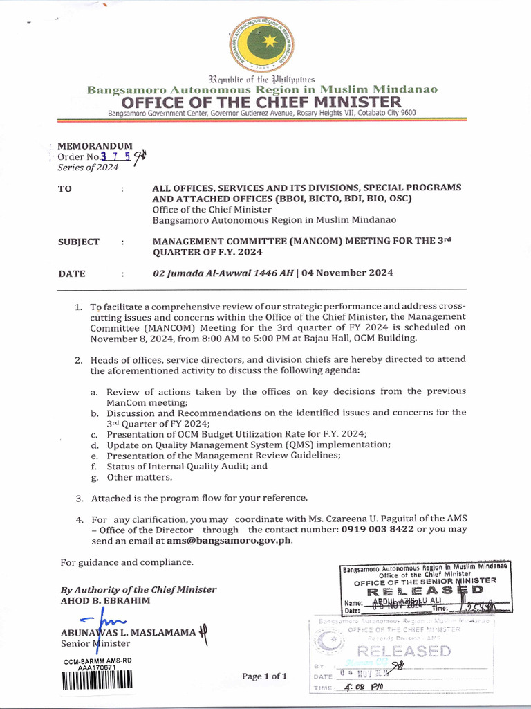 BARMM 3rd Quarter MANCOM Meeting 2024 | PDF