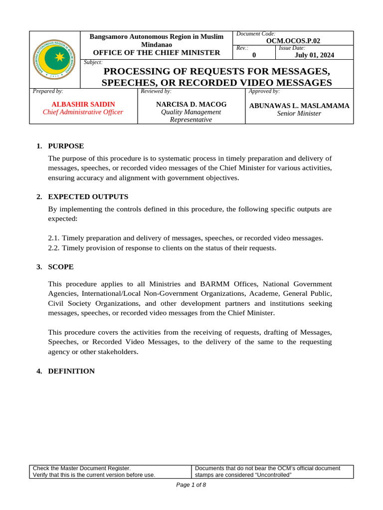 Processing of Requests For Messages - Speeches VideoMessage Procedure | PDF