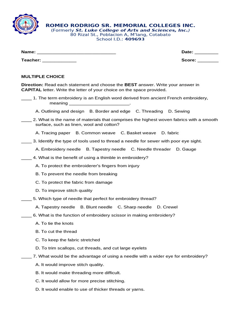 TLE 3rd Quarter Exam Jan 2025 - 114155 | PDF | Embroidery | Composition (Visual Arts)