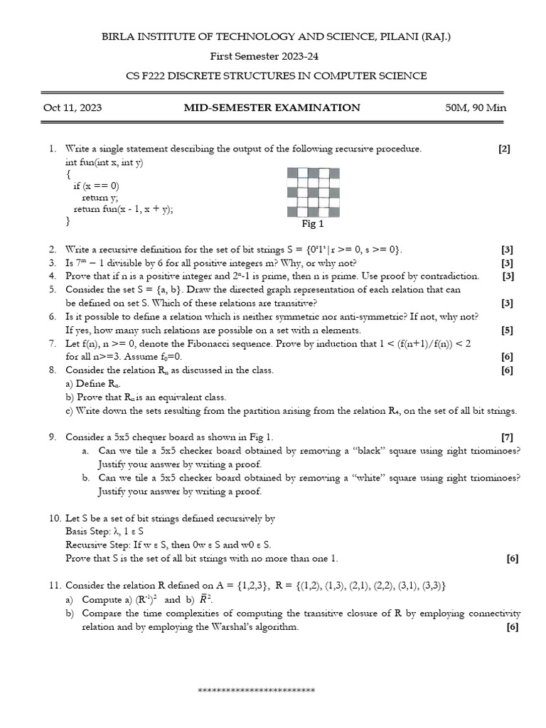 CS F222 Discrete Structures Exam | PDF | Natural Number | Recursion