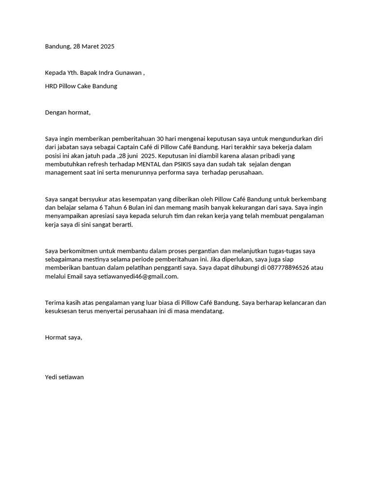 Contoh Surat Resign 1 Bulan Notice | PDF