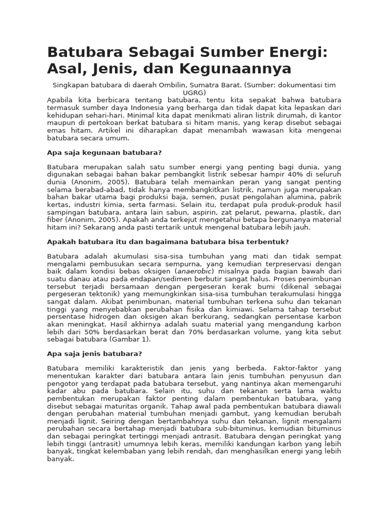 Batubara Sebagai Sumber Energi | PDF