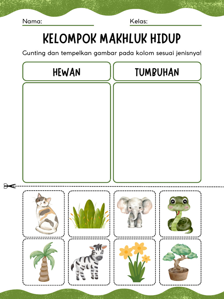 Mengelompokkan Makhluk Hidup Lembar Kerja TKPAUD Hijau Ilustratif | PDF