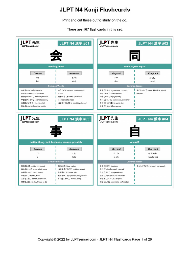 JLPT N4 Kanji Flashcards (Printable Set) | PDF