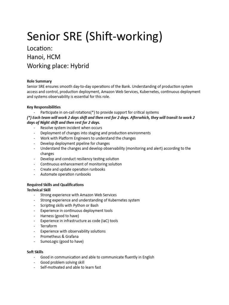 Senior SRE (Shift-Working) | PDF