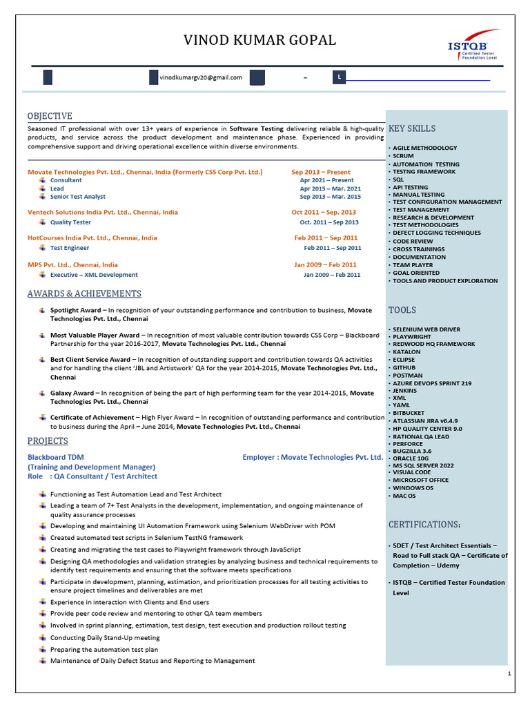 Vinod Kumar Gopal Resume | PDF | Software Testing | Selenium (Software)