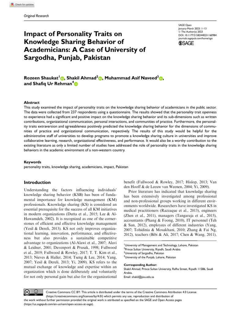 Shaukat Et Al 2023 Impact of Personality Traits On Knowledge Sharing Behavior of Academicians A ...