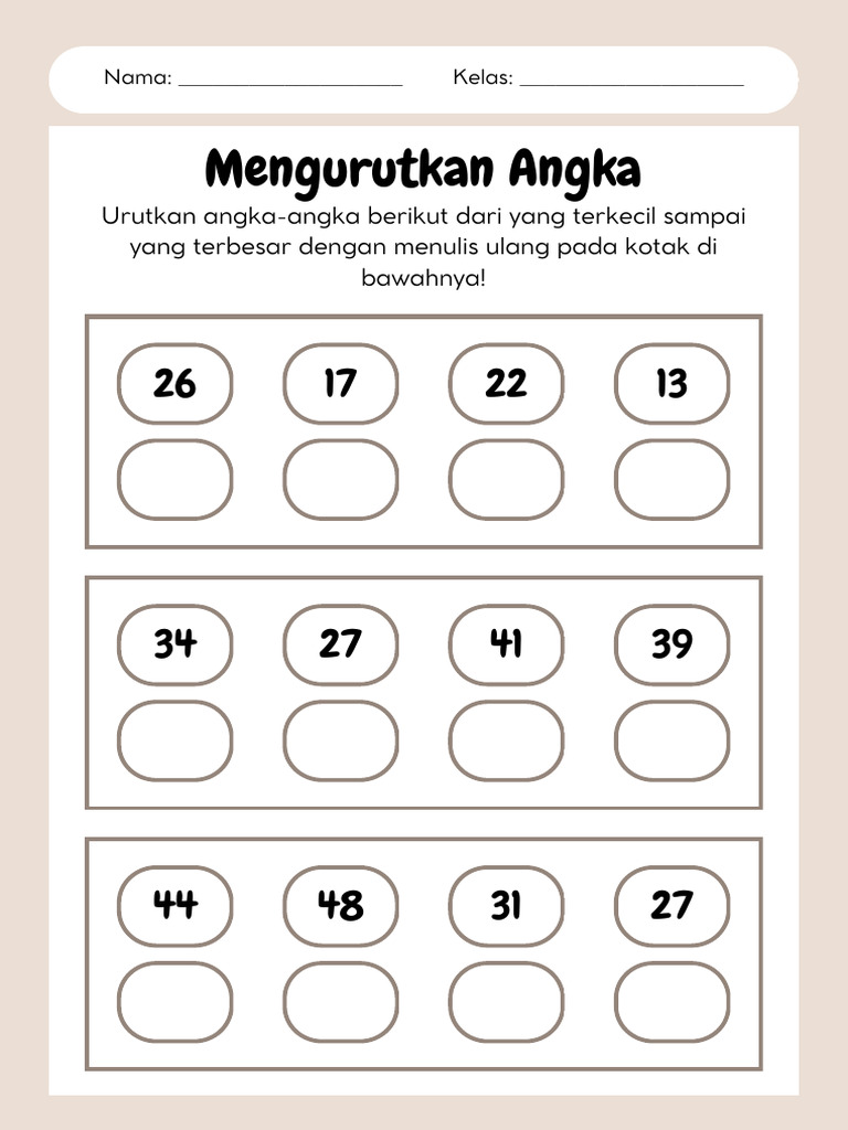 Mengurutkan Angka Lembar Kerja Cokelat Putih | PDF