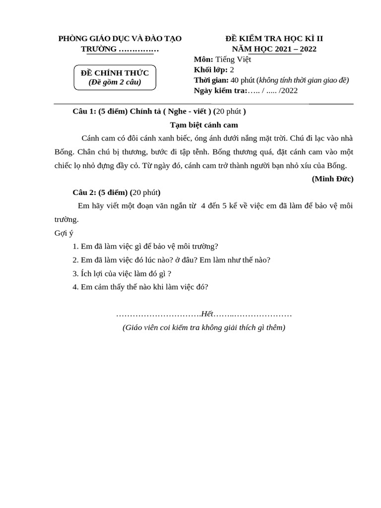 De Thi Hoc Ki 2 Lop 2 Mon Tieng Viet KN | PDF